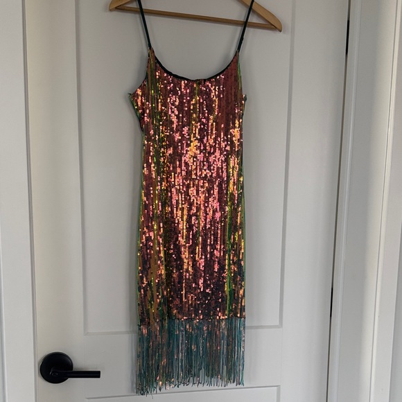 City Studio | Dresses | Chameleon Sequin Dress With Fringe Bottom ...